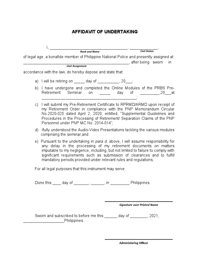 AFFIDAVIT OF UNDERTAKING For Retiring PNP Personnel | PDF