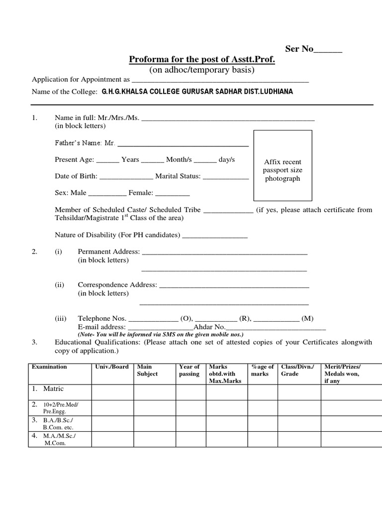 Proforma For Appointment College | PDF | Educational Stages ...