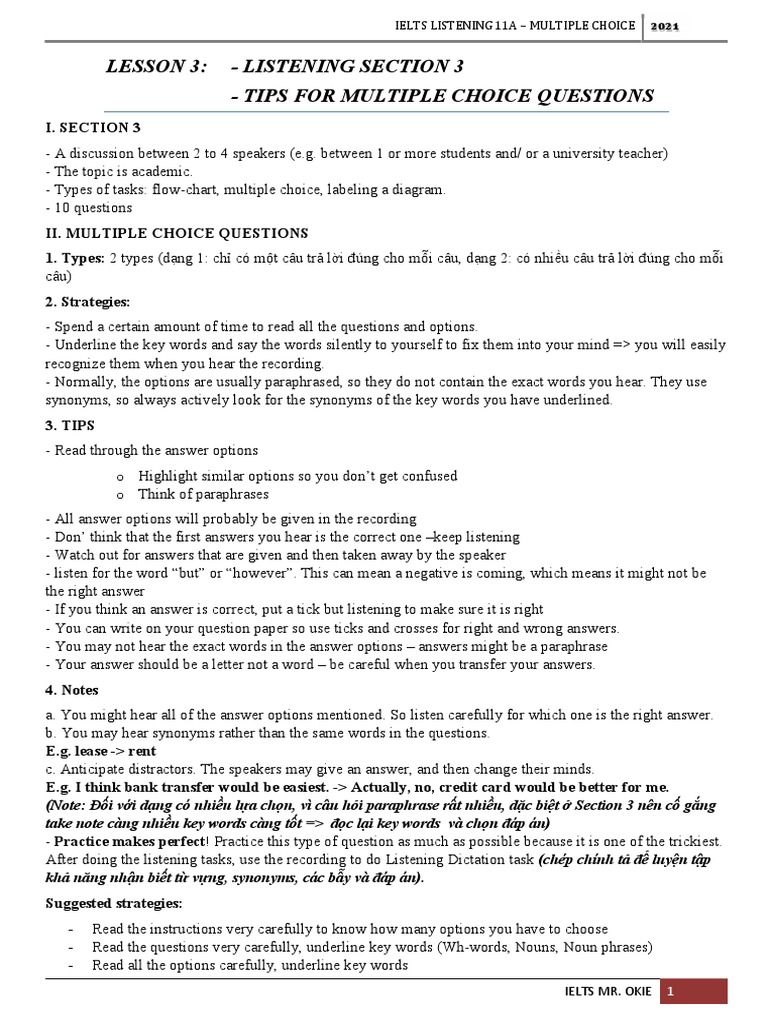 Lesson 3: - Listening Section 3 - Tips For Multiple Choice Questions ...