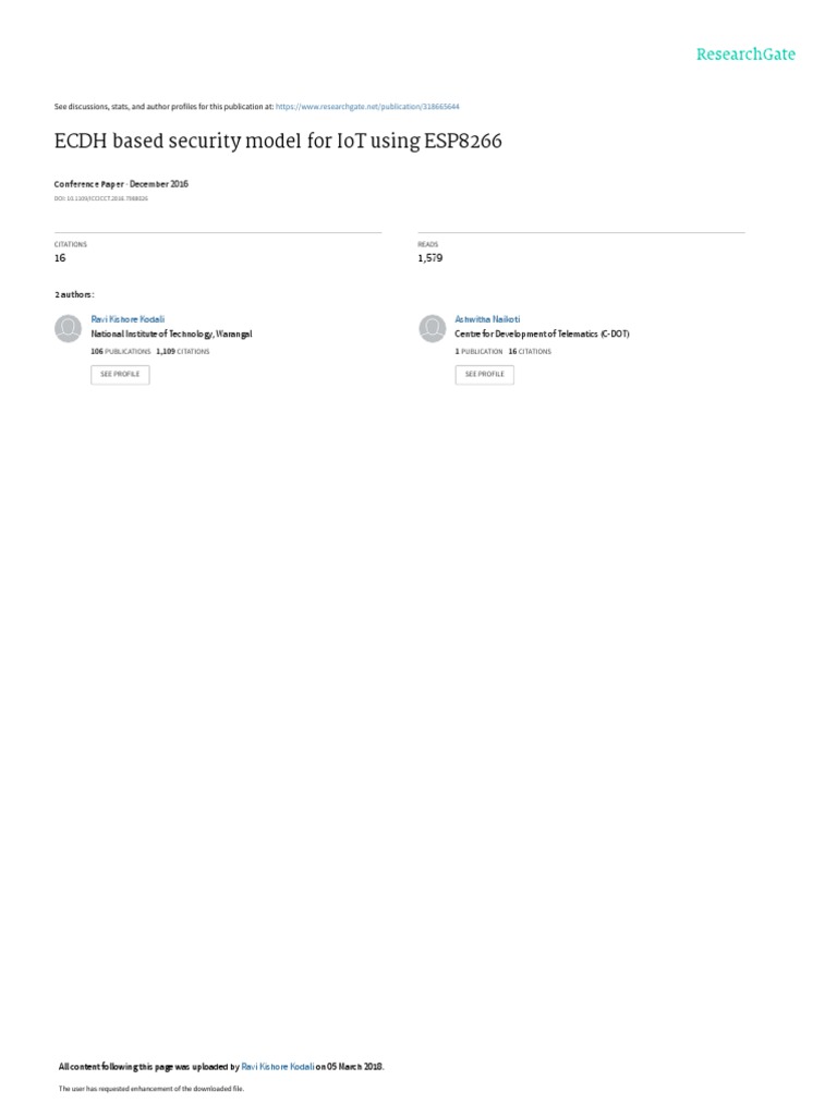 Ecdh Based Security Model For Iot Using Esp8266: December 2016 | PDF | Key (Cryptography ...