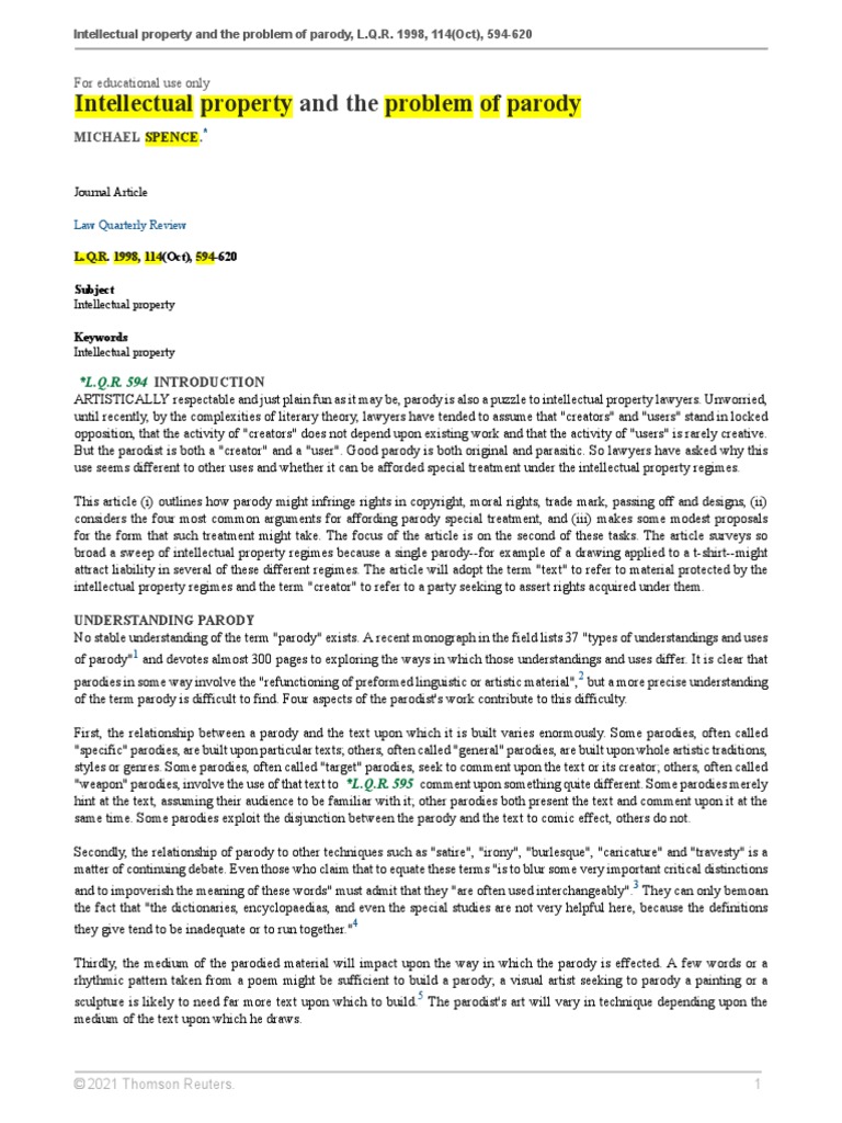 Intellectual Property and The Problem of Parody | PDF | Intellectual ...