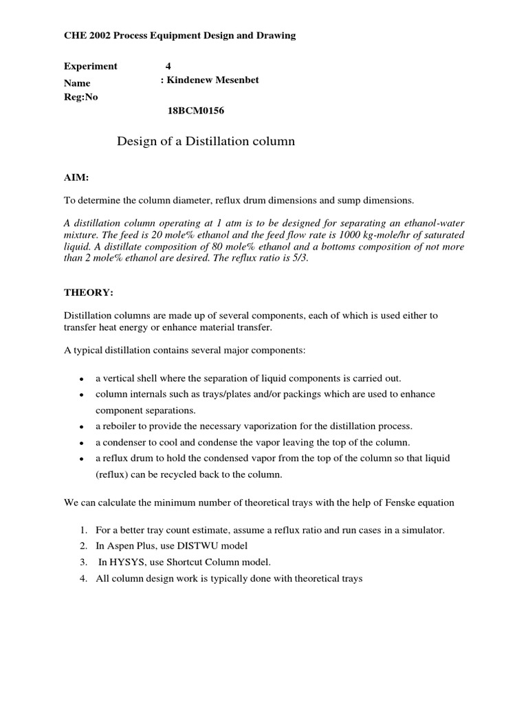 Design of A Distillation Column: CHE 2002 Process Equipment Design and ...