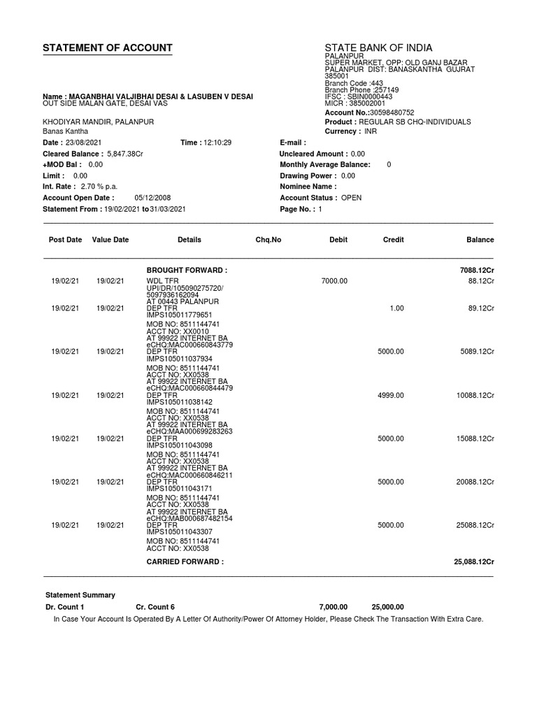 Statement of Account: State Bank of India | Download Free PDF | Debits ...