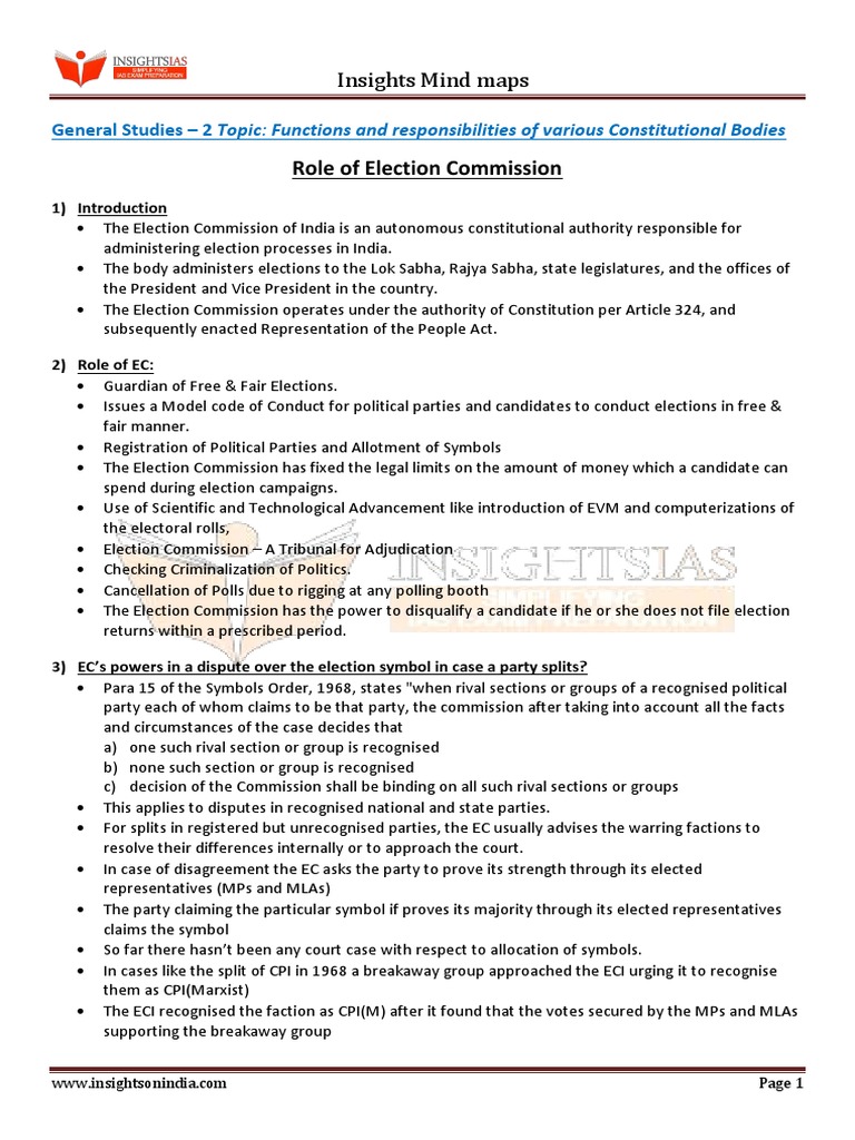 Insights Mind Maps: Role of Election Commission | PDF | Elections ...
