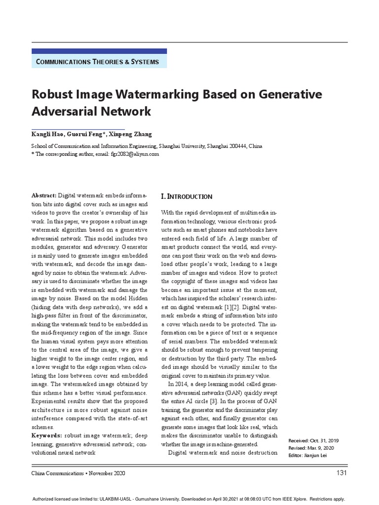 Robust Image Watermarking Based On Generative Adversarial Network | PDF ...