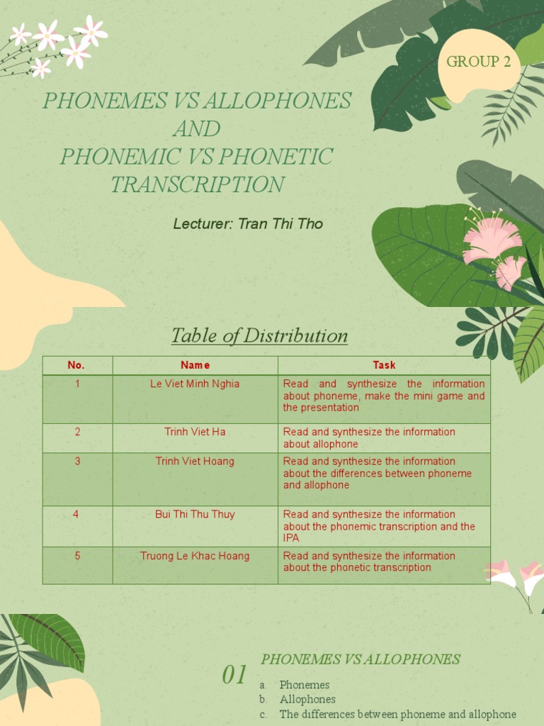 Group 2 - Phonemes Vs Allophones and Phonemic Vs Phonetic Transcription ...