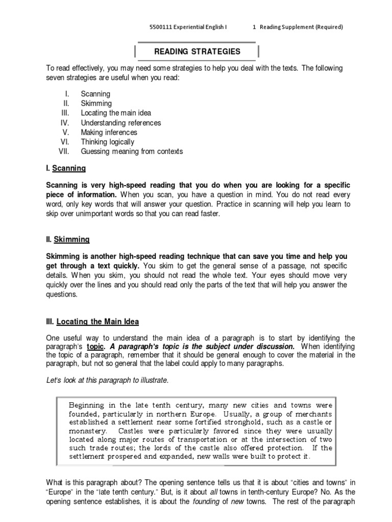 Reading Strategies: 5500111 Experiential English I 1 Reading Supplement ...