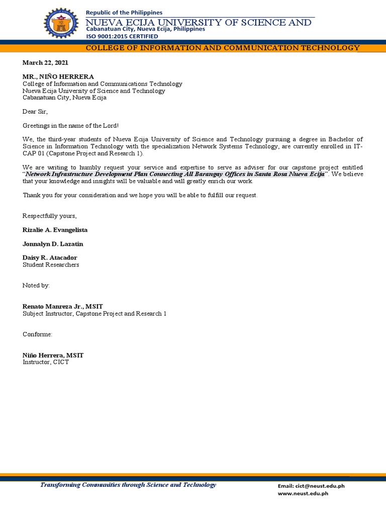 NEUST Capstone Project Request Letter | PDF | Art | Computers