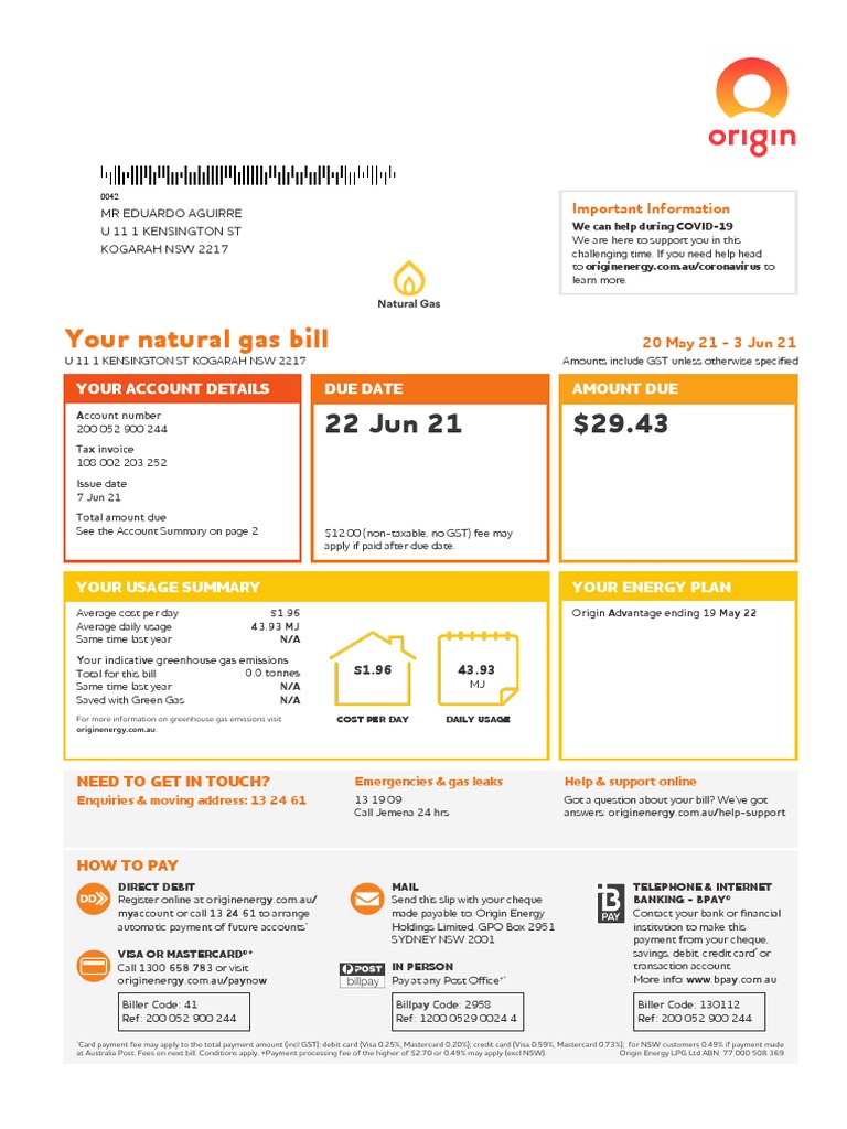 Origin Natural Gas Invoice - 200052900244 - 07062021 - 213910 | PDF ...