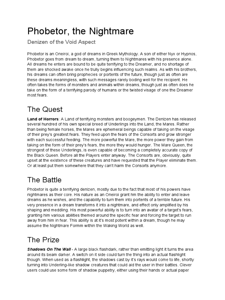 Phobetor, The Nightmare (Denizen) | PDF | Dream | Shadow
