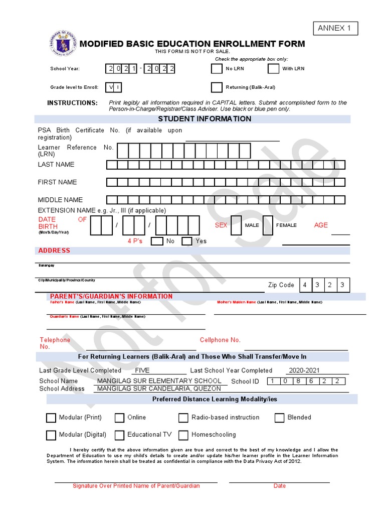 Modified Basic Education Enrollment Form: Student Information | PDF
