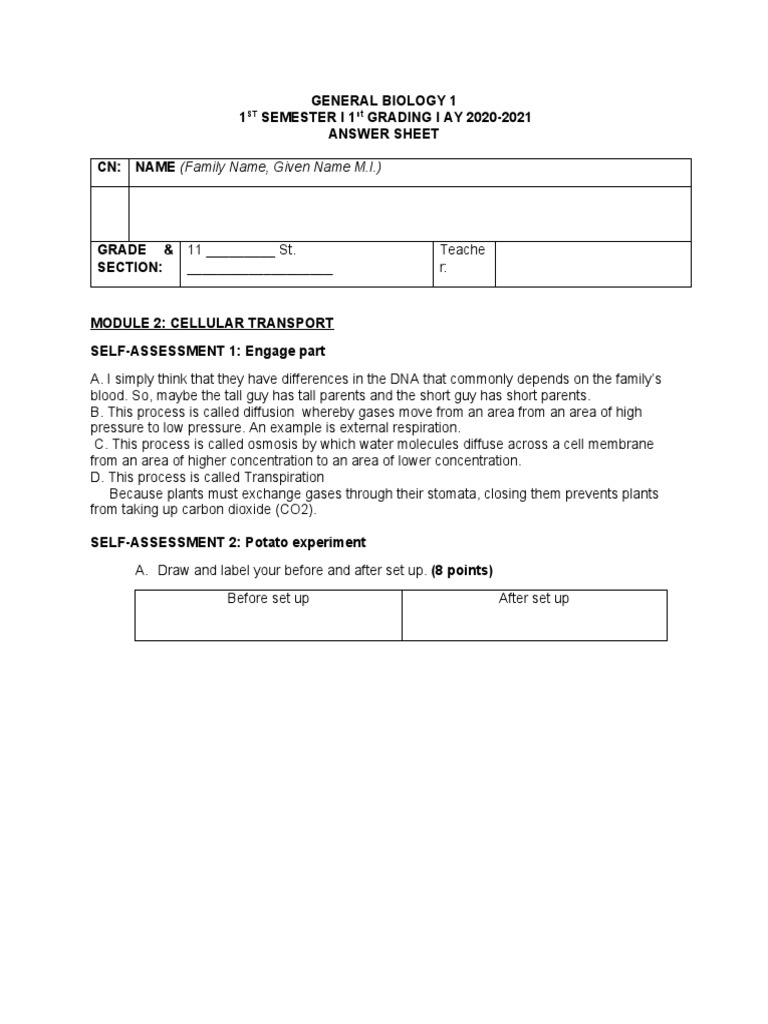 General Biology 1 1 Semester Ɩ 1 GRADING Ɩ AY 2020-2021 Answer Sheet CN ...