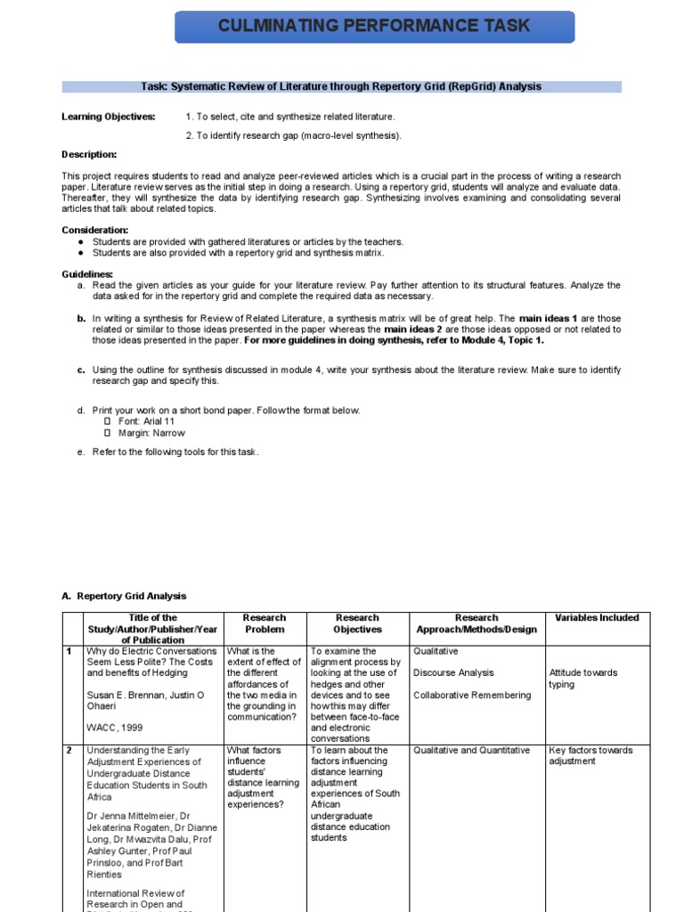 Culminating Performance Task: Task: Systematic Review of Literature Through Repertory Grid ...