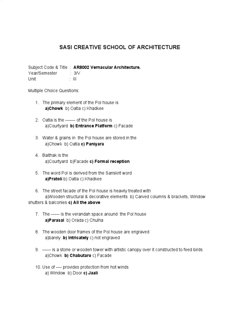 Vernacular Architecture MCQs Exam Guide | PDF | Economic Sectors ...