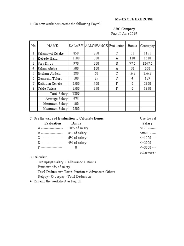 MS Excel Exercise | PDF | Payroll | Economies