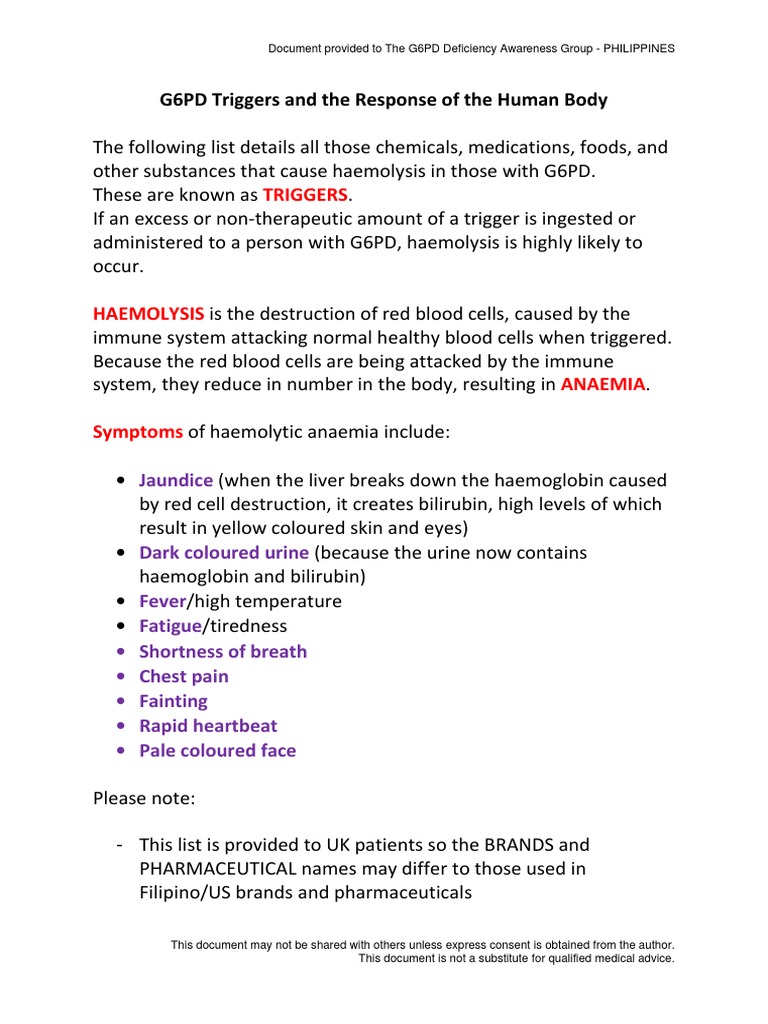 G6PD Triggers and The Response of The Human Body | PDF | Anemia | Medicine