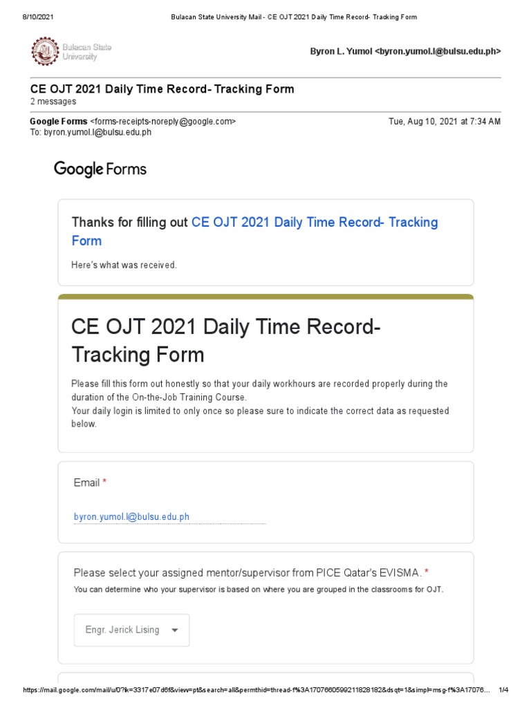CE OJT 2021 Daily Time Record-Tracking Form: Thanks For Filling Out ...