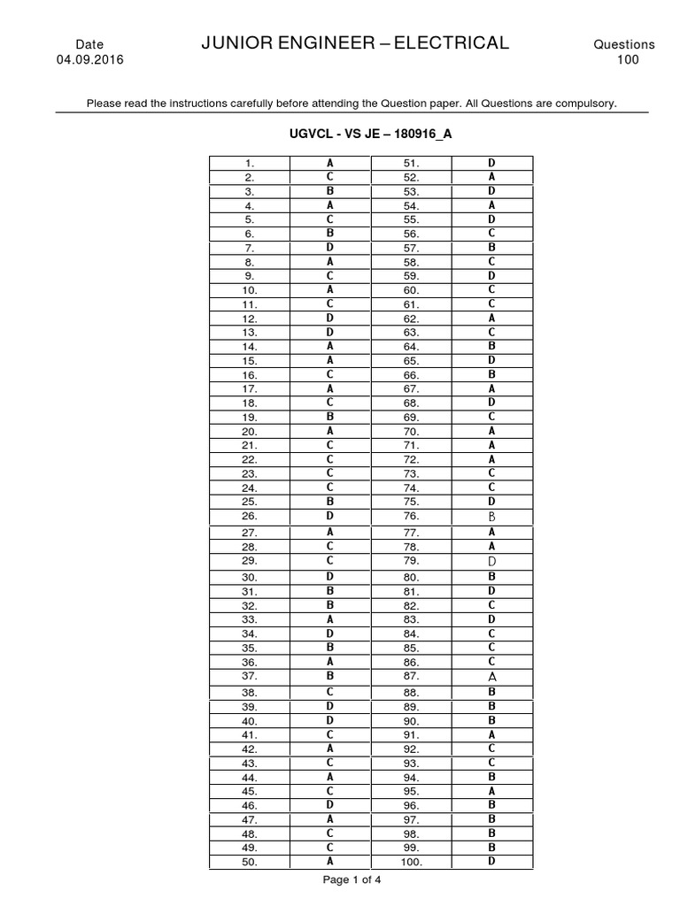 Junior Engineer - Electrical: Date Questions 04.09.2016 100 | PDF