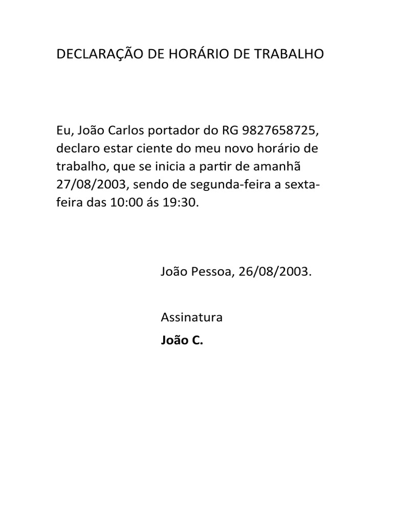 Declaração de Horario de Trabalho | PDF