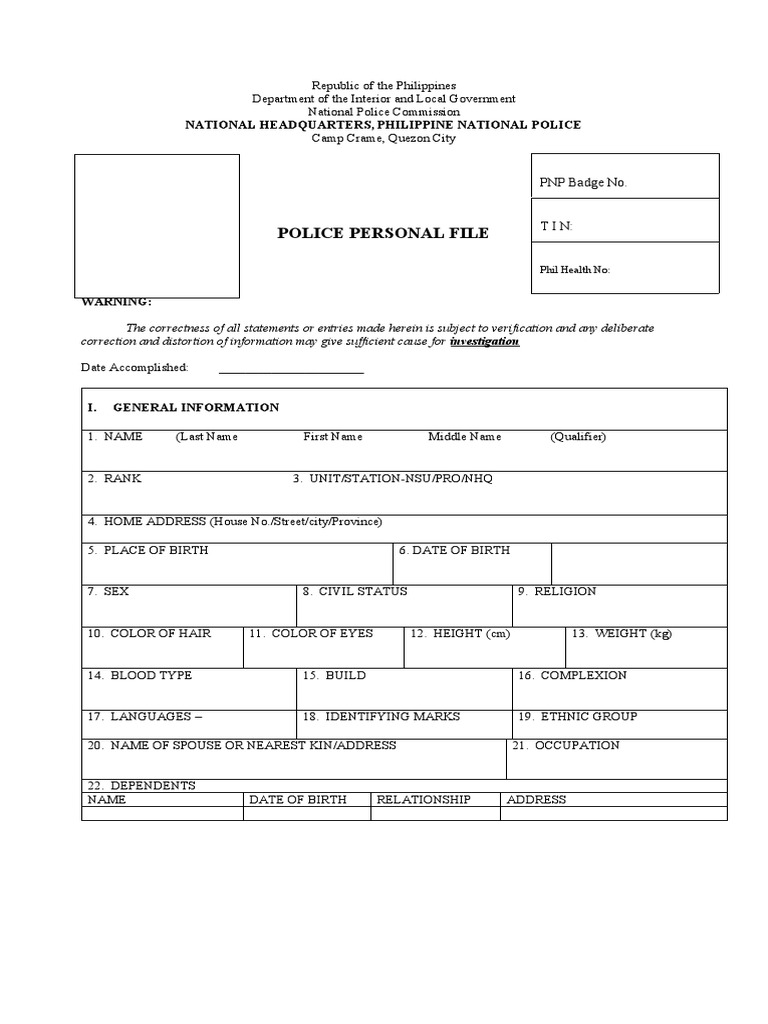 Police Personal File: National Headquarters, Philippine National Police ...