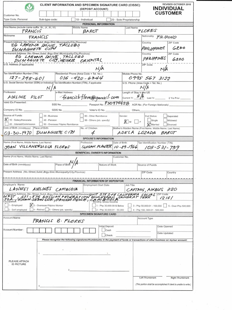 Client Information and Specimen Signature Card Provides Insights into ...