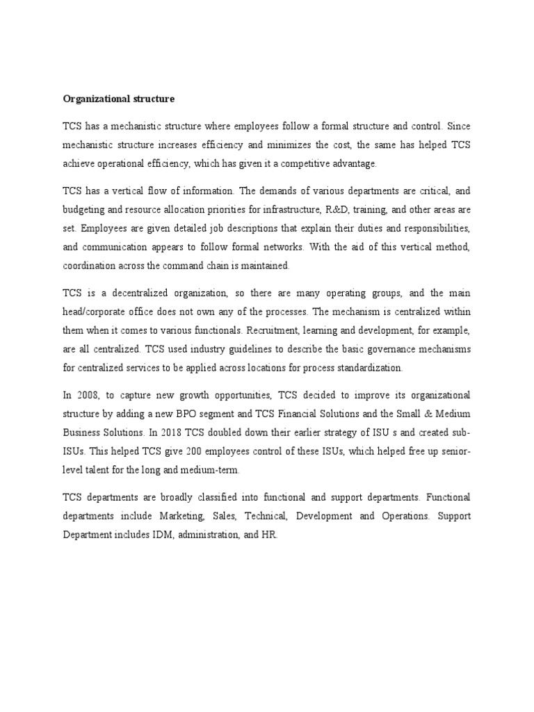 Organizational Structure - TCS | PDF | Employment | Organizational ...