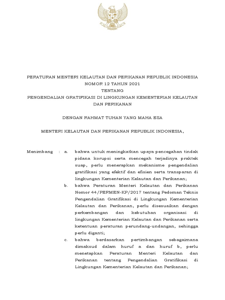 Peraturan Menteri Kelautan Dan Perikanan Nomor 12 Tahun 2021 Tentang Pengendalian Gratifikasi Di ...
