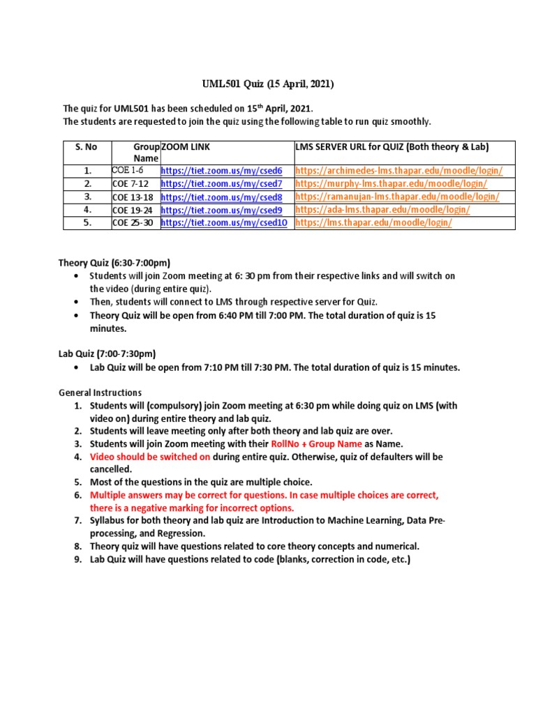 UML501 Quiz Instructions and Details | PDF