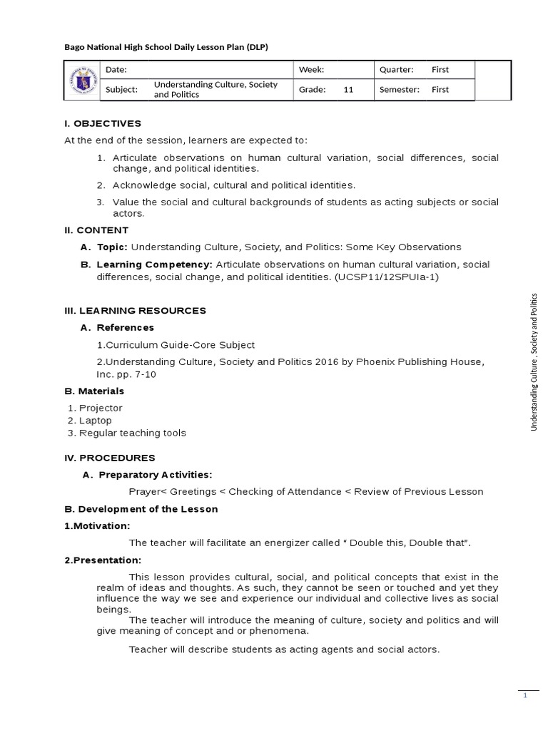 Understanding Culture Politics and Society | PDF | Teachers | Lesson Plan