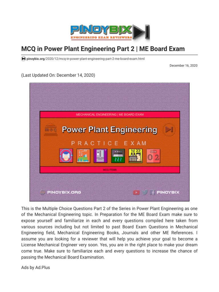 MCQ in Power Plant Engineering Part 2 - ME Board Exam | PDF | Boiler ...