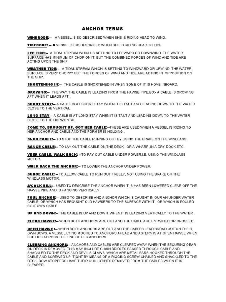 A Comprehensive Glossary of Anchor and Cable Terms | PDF | Anchor ...
