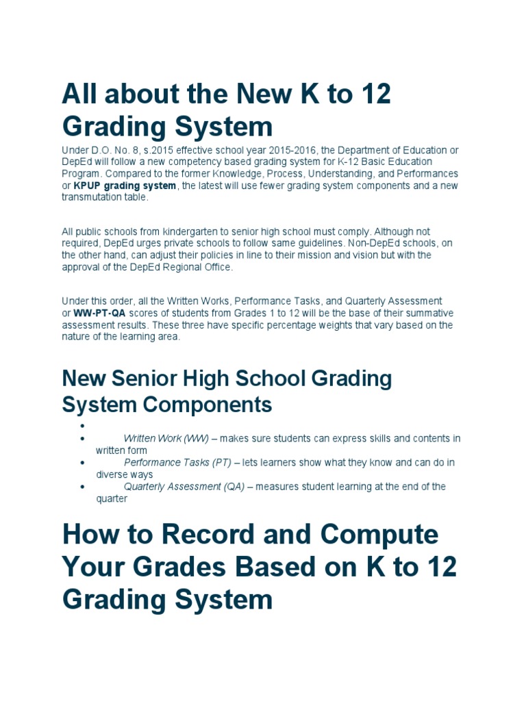 All About The New K To 12 Grading System | PDF | Learning | Pedagogy