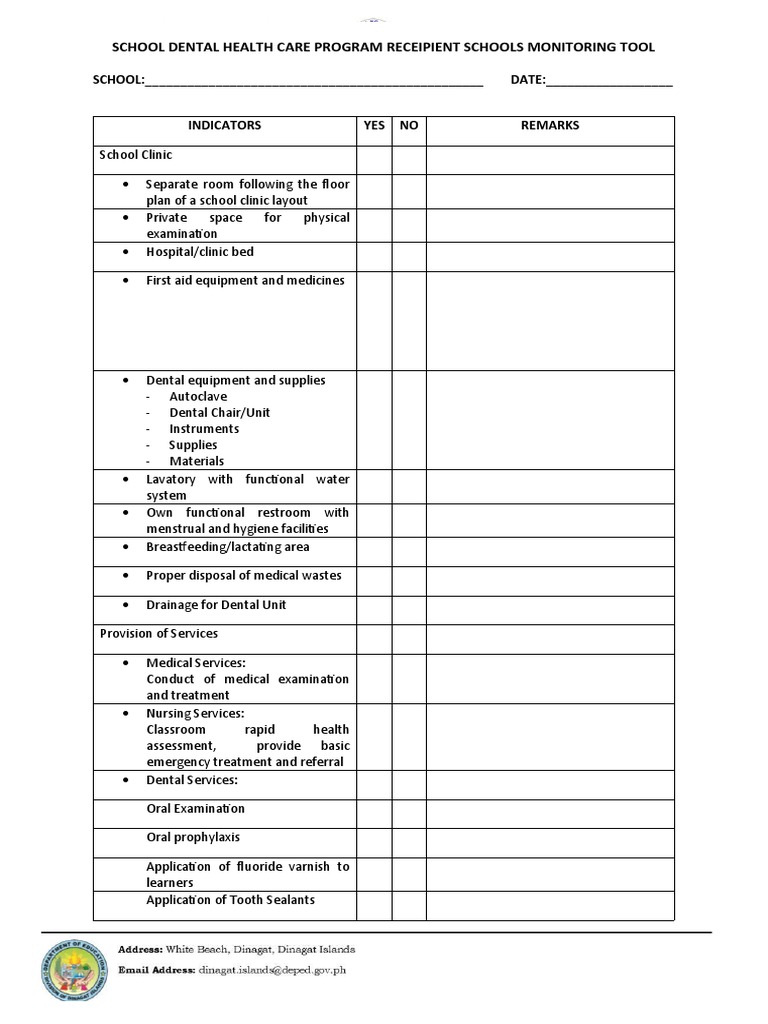 School Dental Health Care Program Receipient Schools Monitoring Tool ...