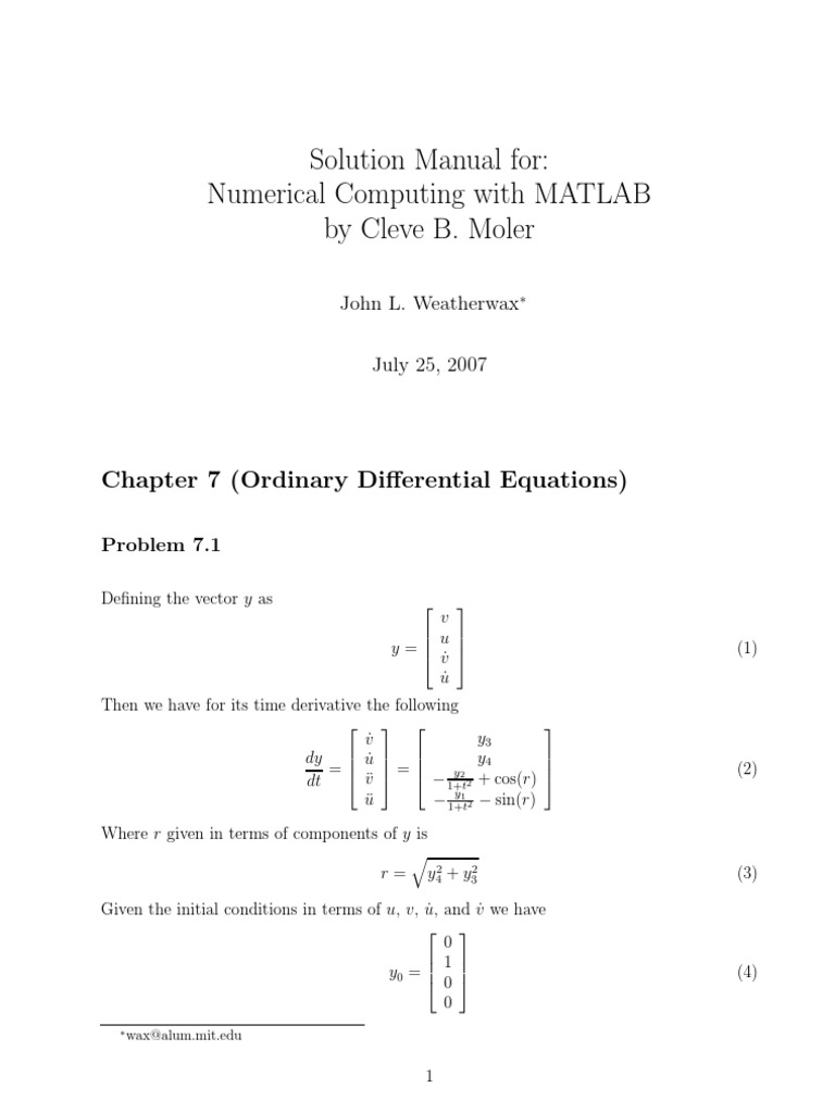 Solution Manual For Numerical Computing With Matlab By Cleve B Moler Pdf Ordinary