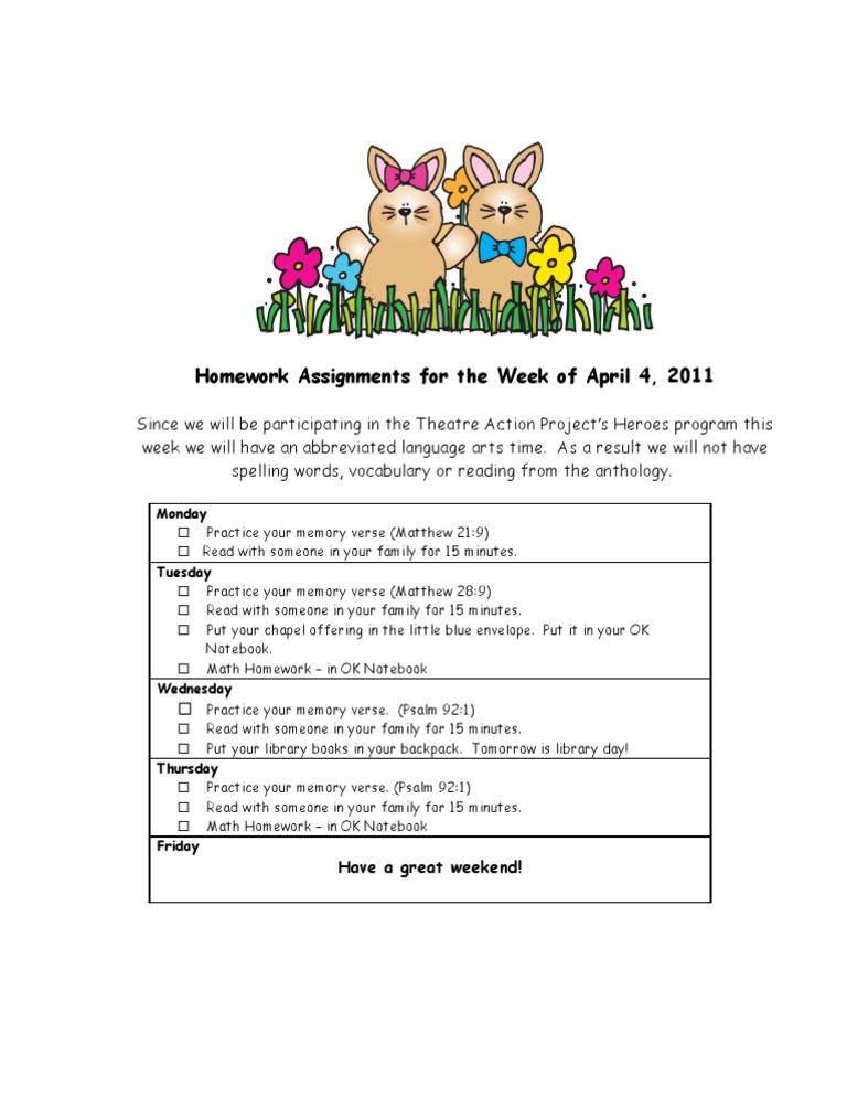 Weekly Homework Assignments: April 4, 2011 | PDF | Language Arts ...