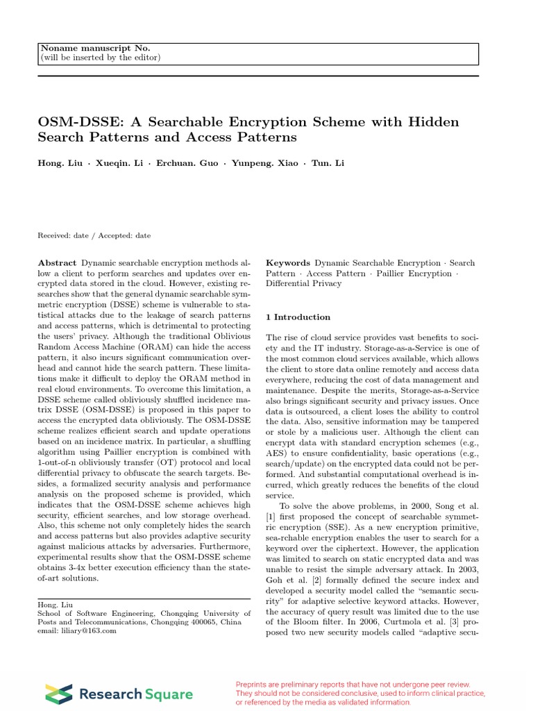 OSM-DSSE: A Searchable Encryption Scheme With Hidden Search Patterns and Access Patterns | PDF ...
