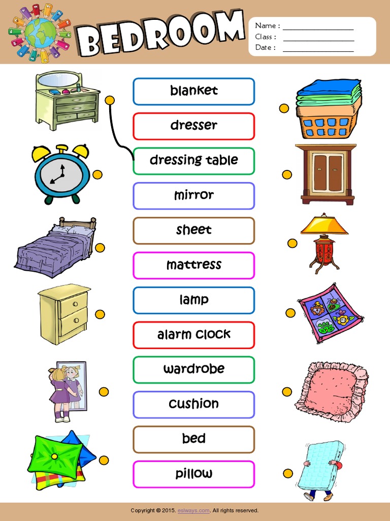 Bedroom Esl Vocabulary Matching Exercise Worksheet For Kids | PDF