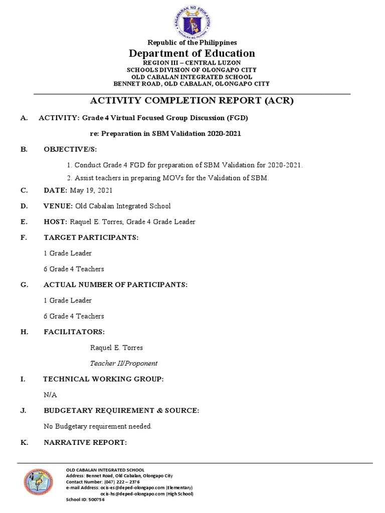 Department of Education: Activity Completion Report (Acr) | PDF