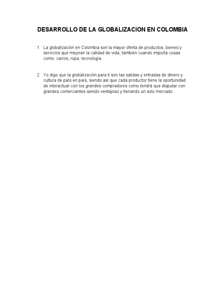 Desarrollo de La Globalizacion en Colombia (Robert) | PDF
