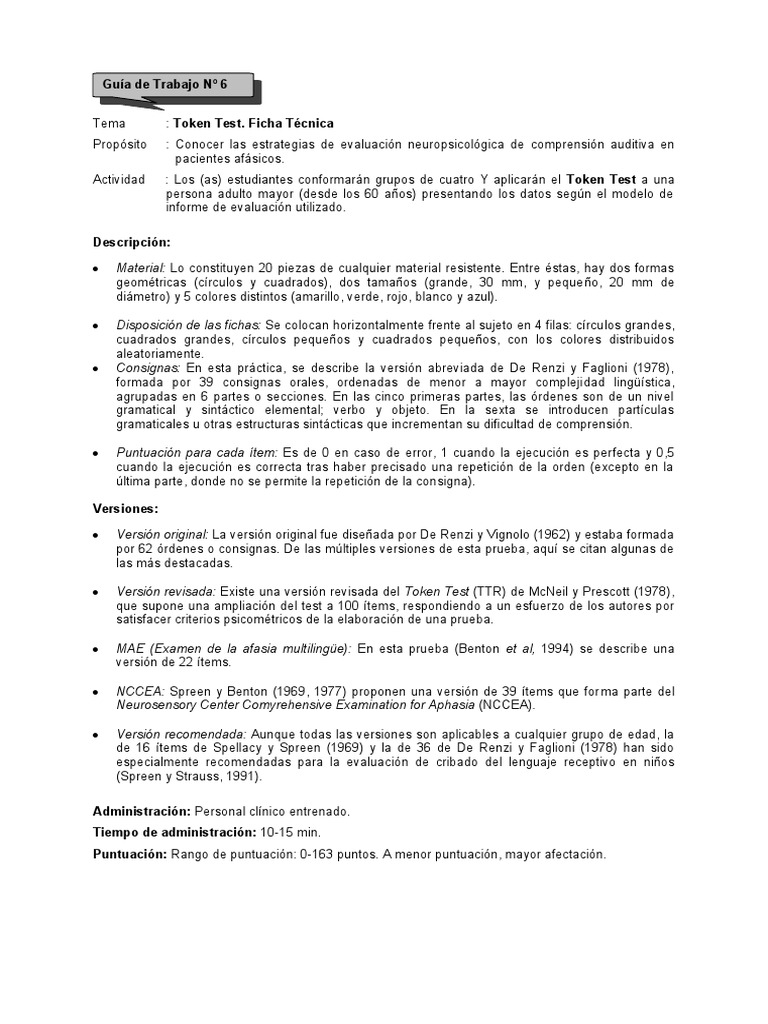 Ficha Tecnica Token Test | Descargar gratis PDF | Cognición | Ciencia ...