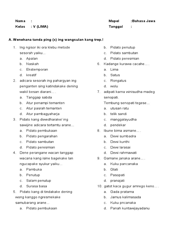 Soal Kelas V Lima Shoim B. Jawa | PDF
