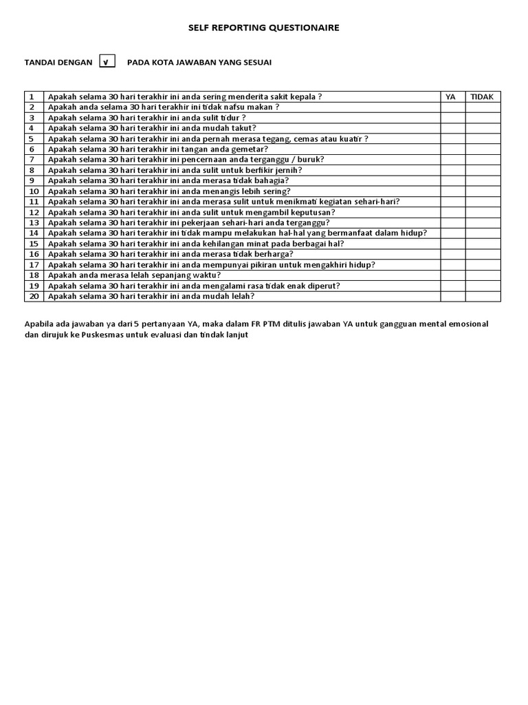 MENGIDENTIFIKASI GANGGUAN MENTAL EMOSIONAL MELALUI SELF-REPORTING QUESTIONNAIRE | PDF
