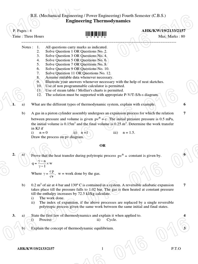 Rtmnu Q Paper Engineering Thermodynamics W 19 | PDF | Enthalpy | Steam
