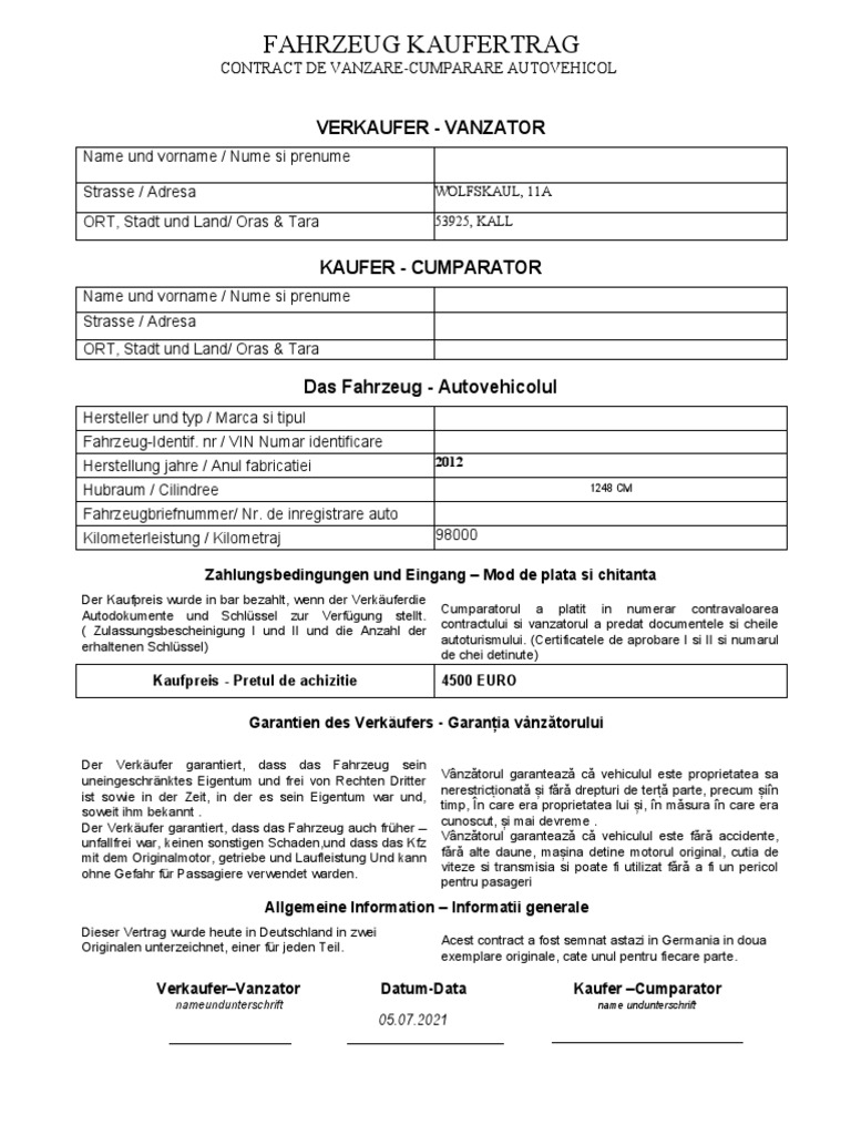 Contract Vanzare Cumparare Auto Din Germania Bilingv | PDF