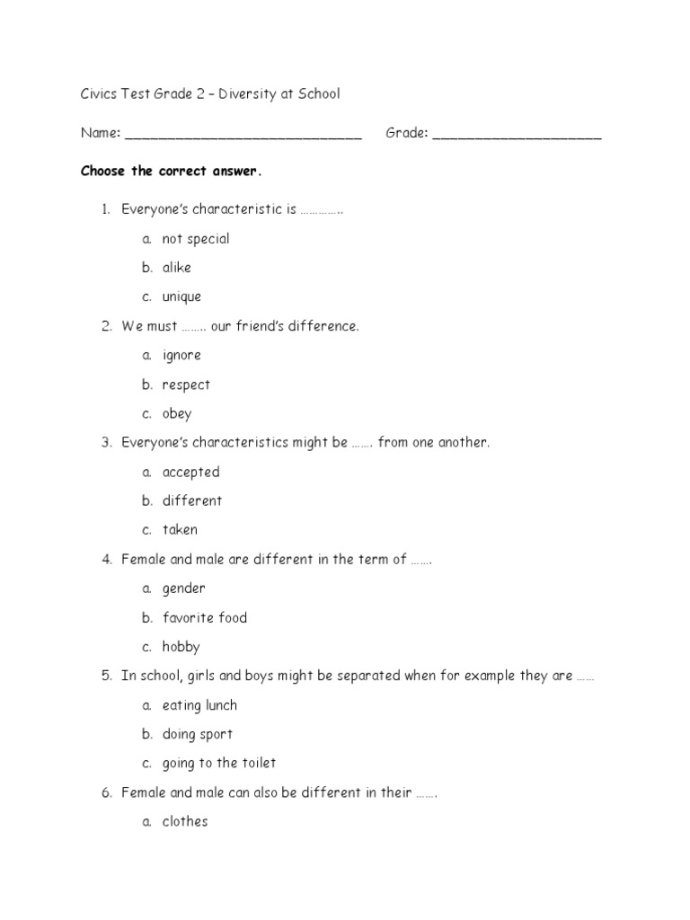 Civics Test Grade 2 - Diversity at School | PDF