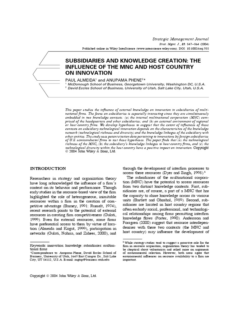 Subsidiaries and Knowledge Creation: The Influence of The MNC and Host ...