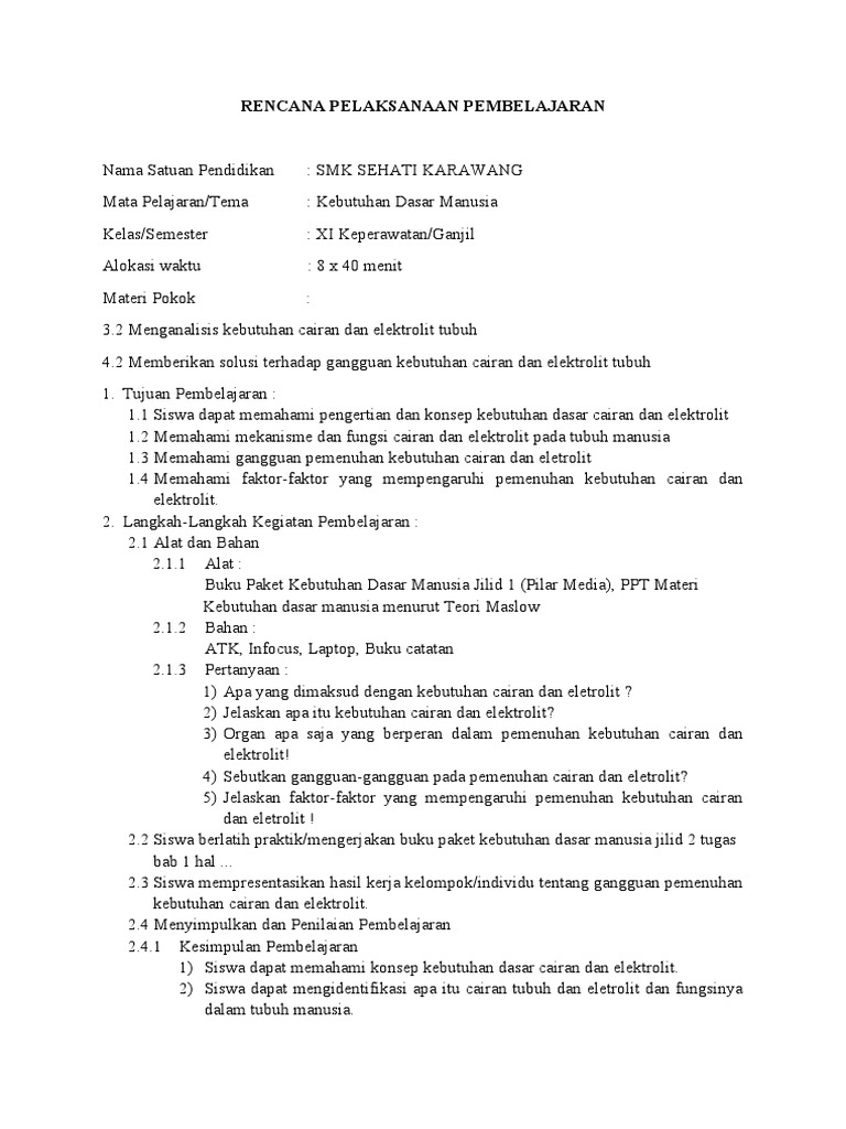 RPP KDM Xi Ganjil 2 Kebutuhan Dasar Kebutuhan Cairan Dan Elektrolit | PDF