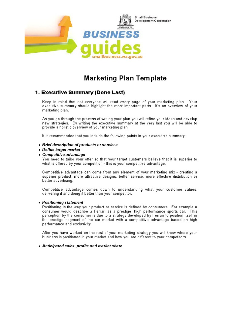 Marketing Plan Template: 1. Executive Summary (Done Last) | PDF ...