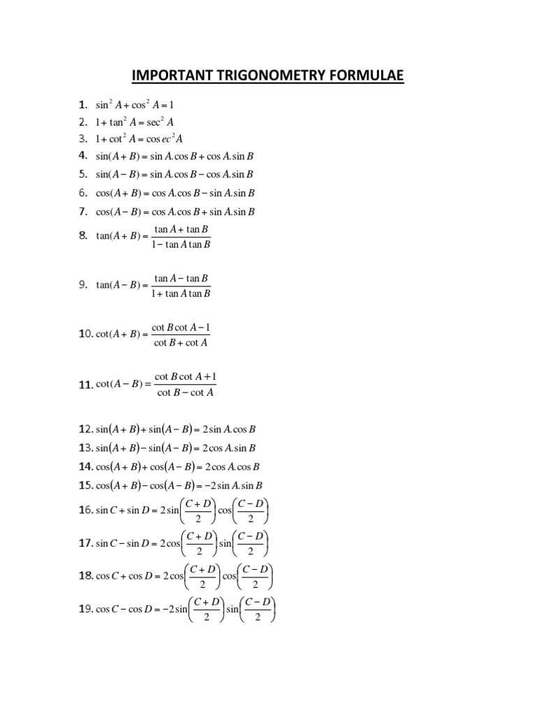 Important Trigonometry Formulae | PDF | Trigonometric Functions | Epidemics