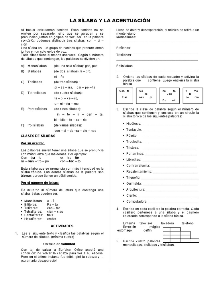 Actividades sobre sílabas y acentuación | PDF | Habla | Lingüística